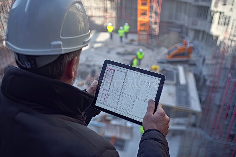 A Construction Worker Looks at a Tablet at a Construction Site Stock ...
