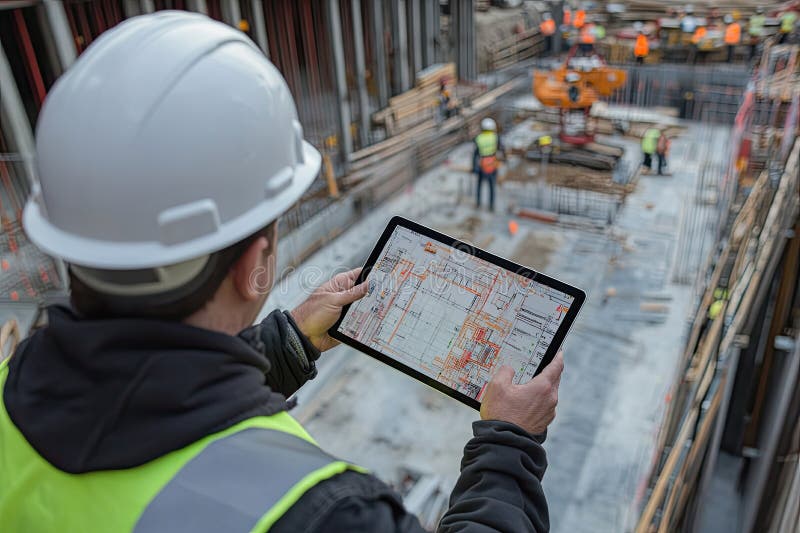 A Construction Worker Looks at a Tablet at a Construction Site Stock ...