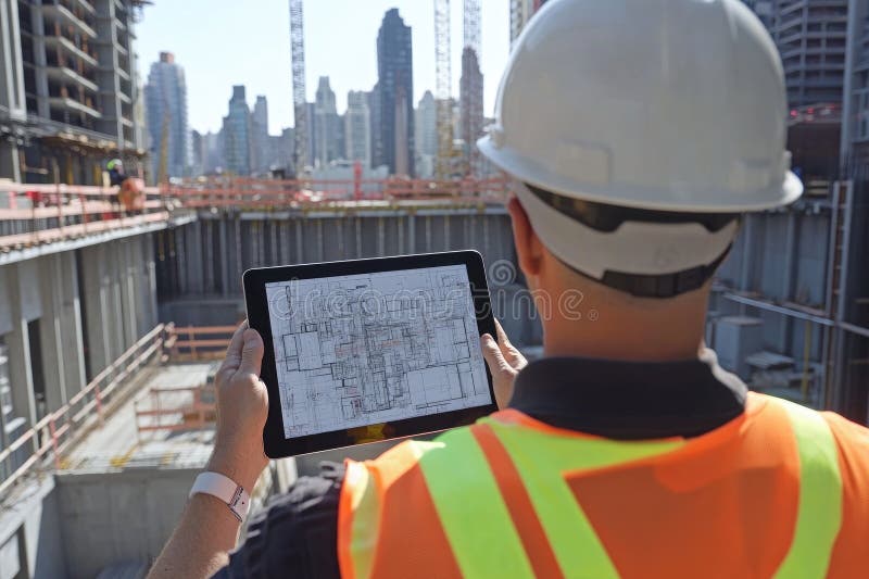 A Construction Worker Looks at a Tablet at a Construction Site Stock ...