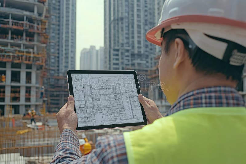 A Construction Worker Looks at a Tablet at a Construction Site Stock ...