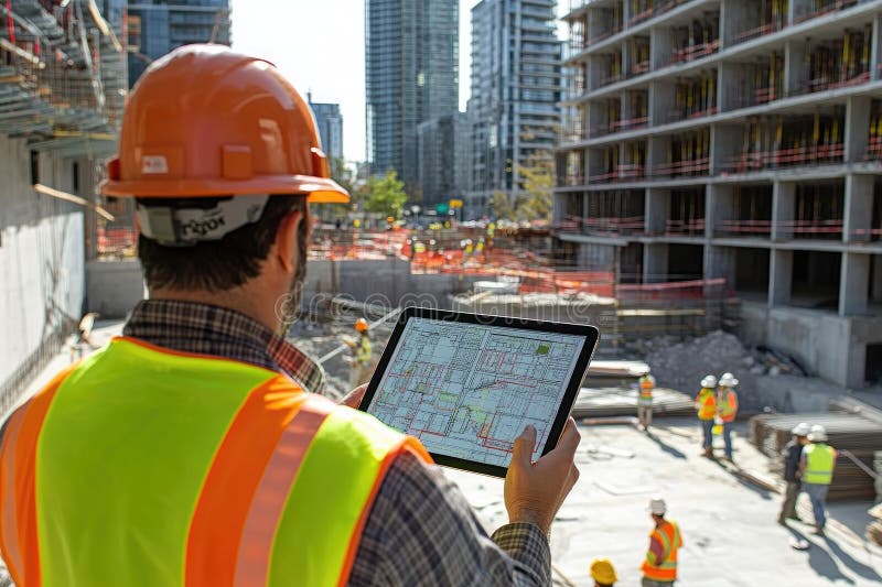 A Construction Worker Looks at a Tablet at a Construction Site Stock ...