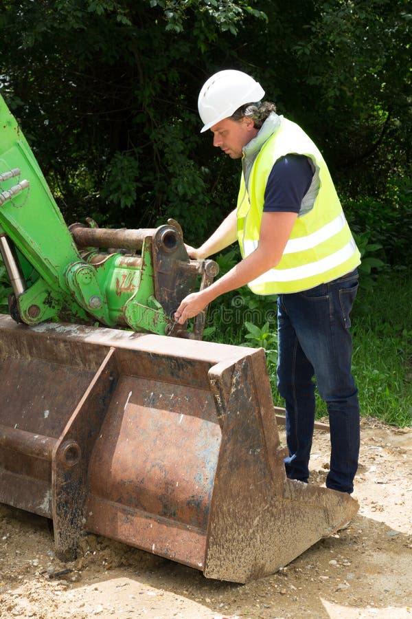 Construction Worker Man Using Digger and Look Stock Photo - Image of ...