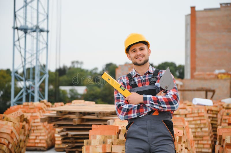 Construction Worker Man in Work Clothes and a Construction Helmet ...