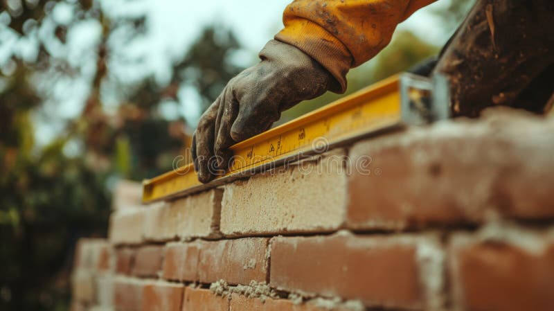 A Construction Worker Measures a Brick Wall with a Level Stock ...