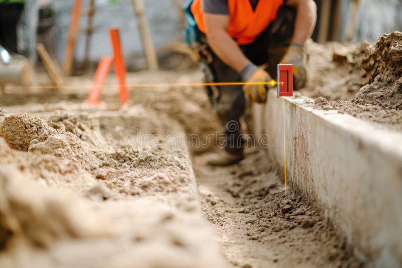 A Construction Worker Measures a Foundation with a Level in a Sandy ...