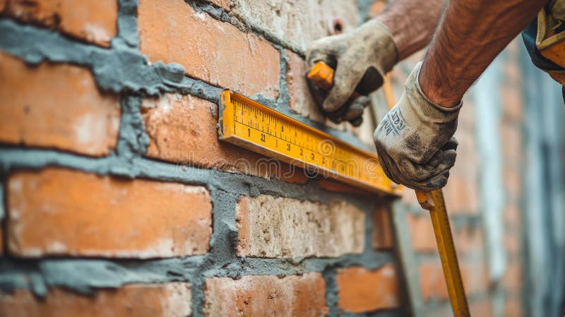 Construction Worker Measuring Brick Wall with Level Stock Illustration ...