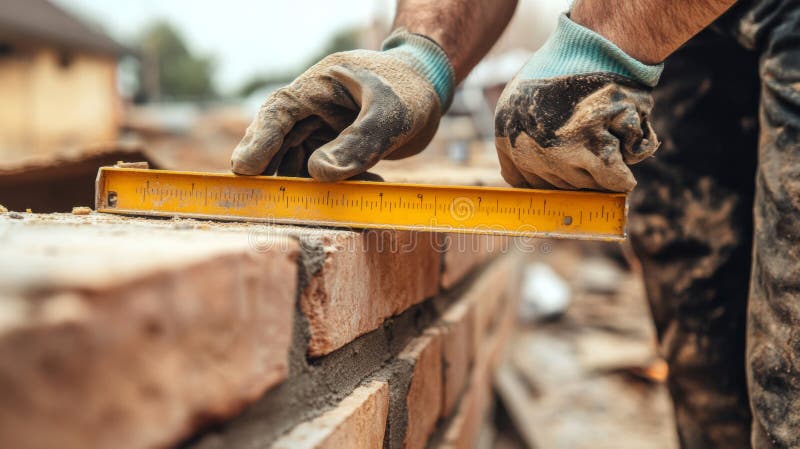Construction Worker Measuring Brick Wall with Level Stock Illustration ...