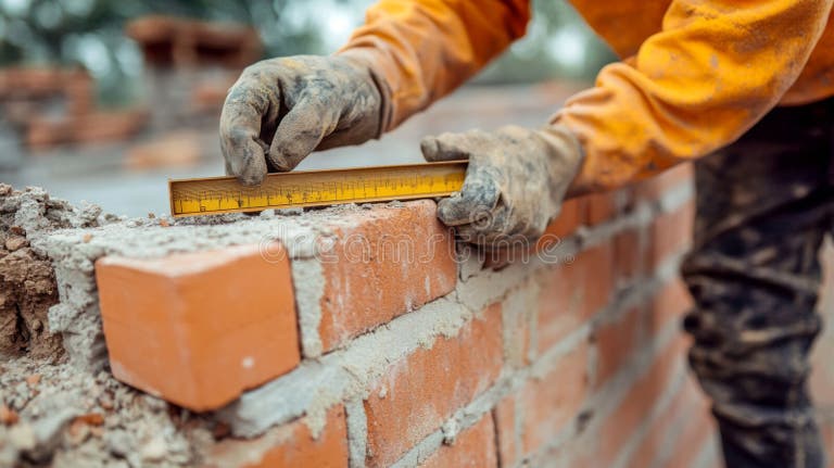Construction Worker Measuring Brick Wall with Ruler Stock Illustration ...