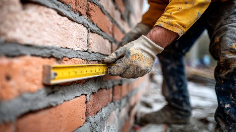 Construction Worker Measuring Brick Wall with Tape Measure Stock ...