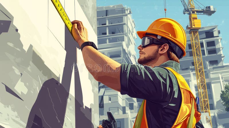 Construction Worker Measuring Building Illustration Stock Photo - Image ...
