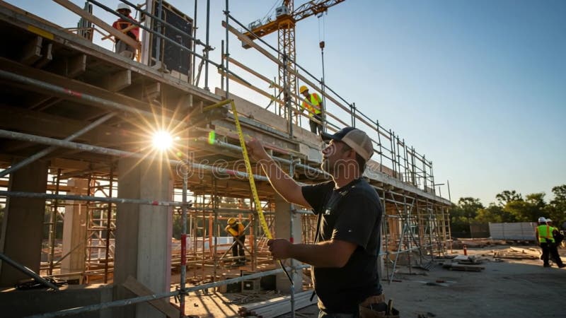 Construction Worker Measuring at Building Site Stock Footage - Video of ...