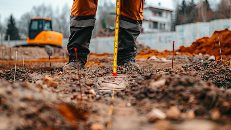 Construction Worker Measuring Ground for New Project. Concept of ...