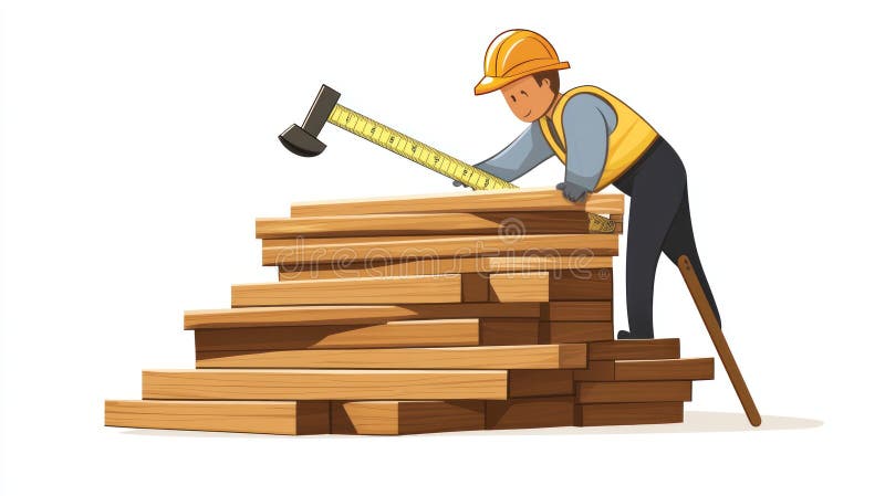Construction Worker Measuring Lumber Illustration Stock Illustration ...