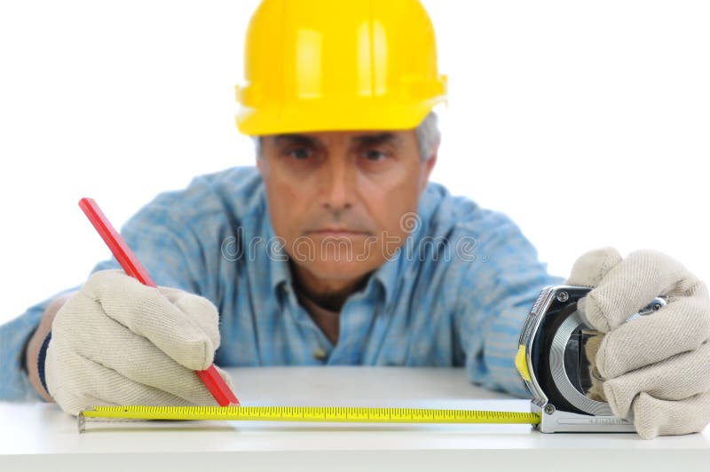 Construction Worker Measuring and Marking Stock Image - Image of worker ...