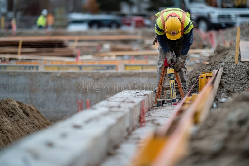 Construction Worker Measuring and Preparing a Foundation at a Building ...