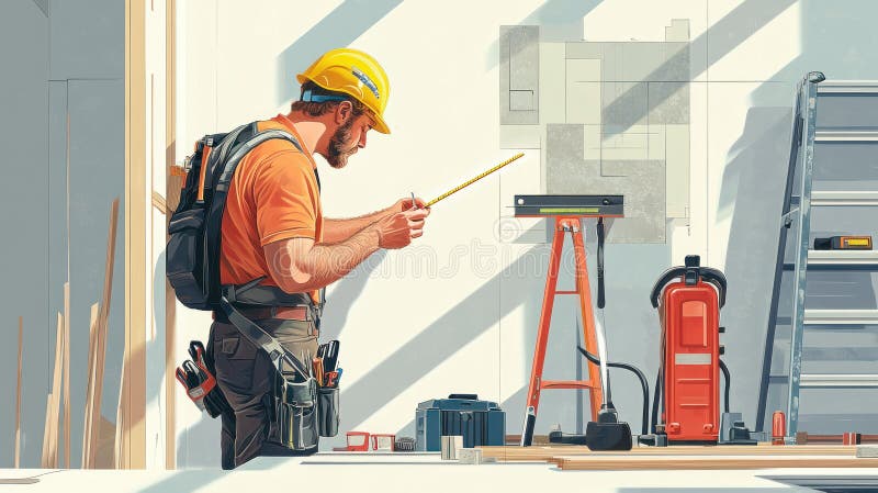 Construction Worker Measuring Wall Illustration, Detailed Room ...