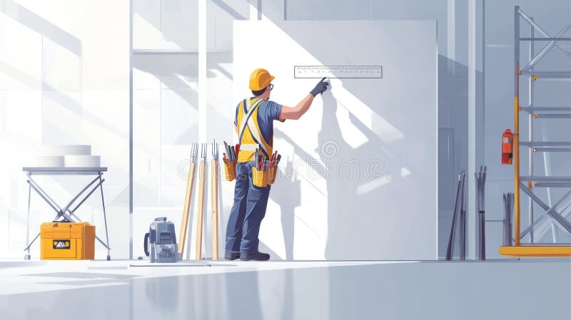 Construction Worker Measuring Wall Illustration, a Detailed Workplace ...