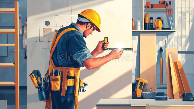Construction Worker Measuring Wall Illustration - Precise Measurements ...