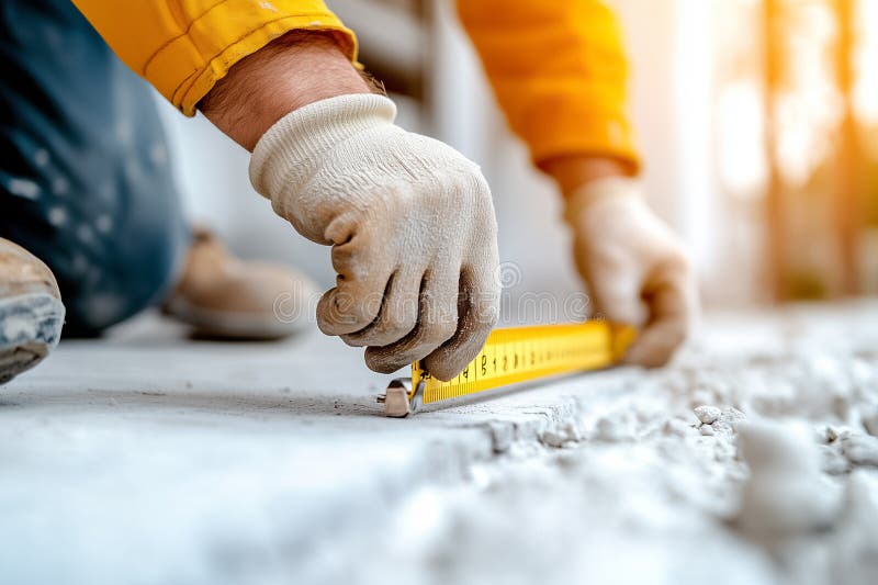 A Construction Worker Meticulously Measures Concrete with a Tape ...