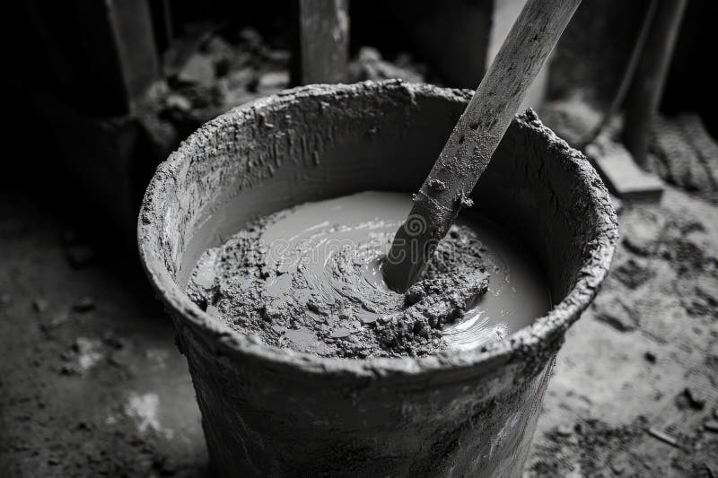 Construction Worker Mixing Cement in a Bucket Using a Wooden Stick ...