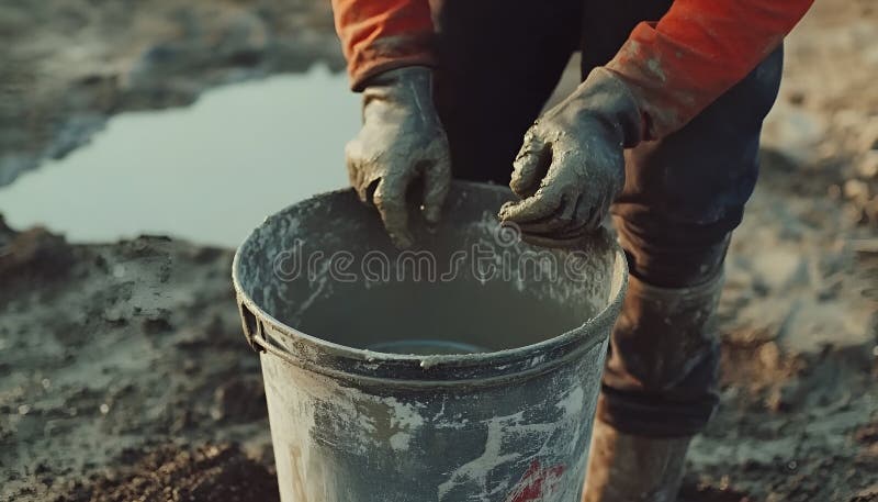 Construction Worker Mixing Mortar in a Bucket Using Handheld Concrete ...