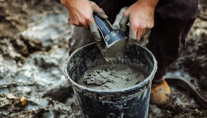 Construction Worker Mixing Mortar in a Bucket Using Handheld Concrete ...