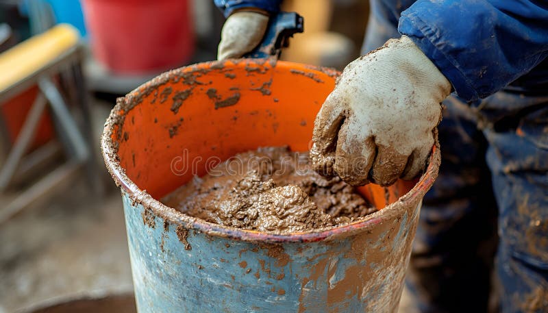 Construction Worker Mixing Mortar in a Bucket Using Handheld Concrete ...