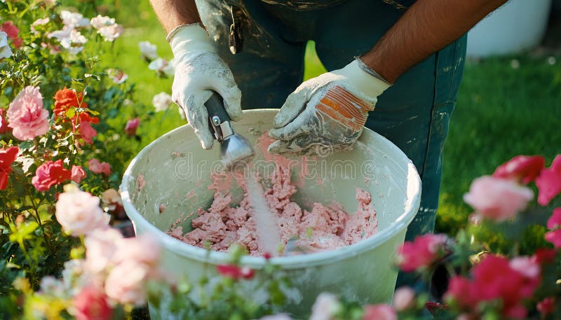 Construction Worker Mixing Mortar in a Bucket Using Handheld Concrete ...