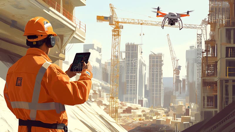 Construction Worker Monitors Drone Flight at Urban Building Site during ...