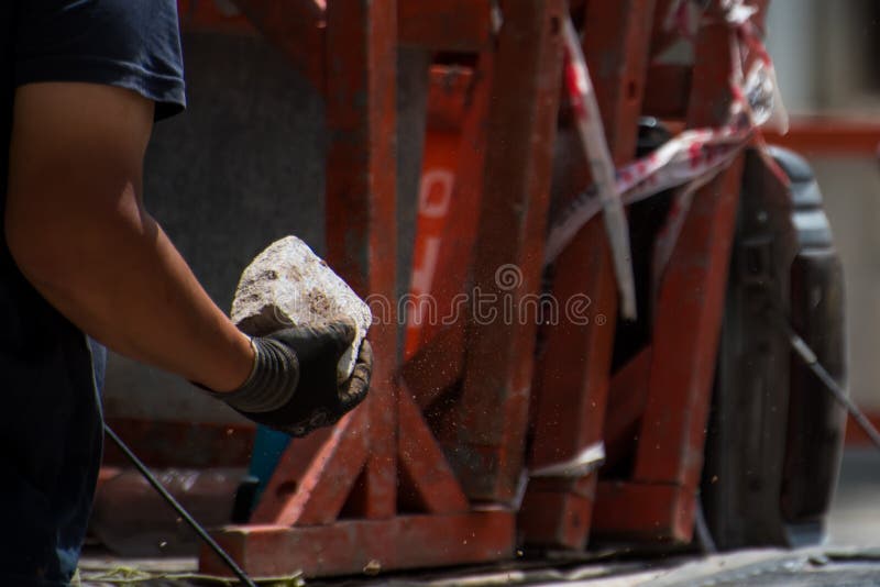 Construction Worker Moving Stone Debris by Hand Stock Photo - Image of ...