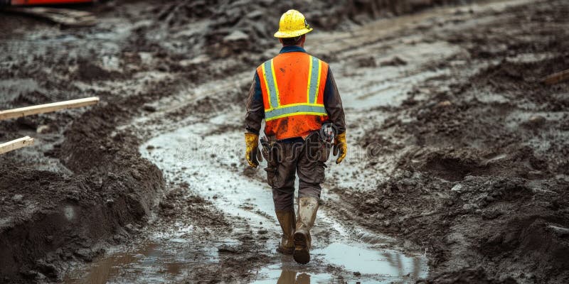 Construction Worker Navigating through Muddy Site during Daylight Hours ...