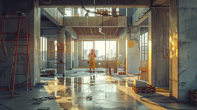 Construction Worker Surveys Site in Partially Completed Building at Sunrise Stock Image - Image ...