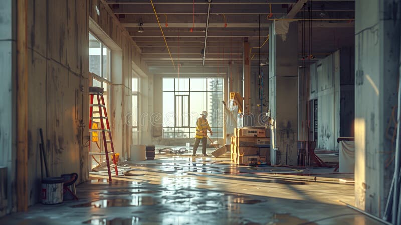 Construction Worker Surveys Site in Partially Completed Building at ...