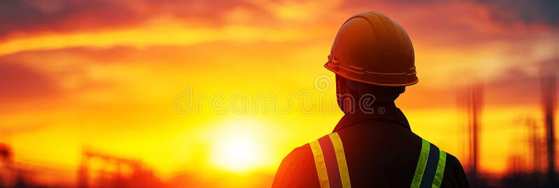 A Construction Worker Observes a Beautiful Sunset on a Job Site after a ...