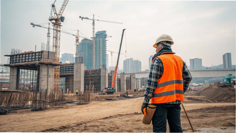 Construction Worker Observes Building Site Progress and Machinery Stock ...
