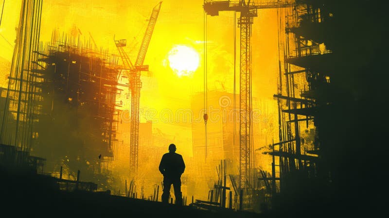 Construction Worker Observes Sunset Above Urban Skyscraper Development ...