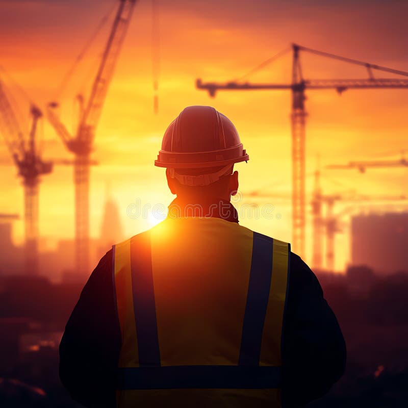 A Construction Worker Observes a Sunset Behind a City Skyline with ...