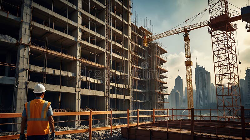 Construction Worker Observes a Towering Skyscraper Under Construction Stock Illustration ...
