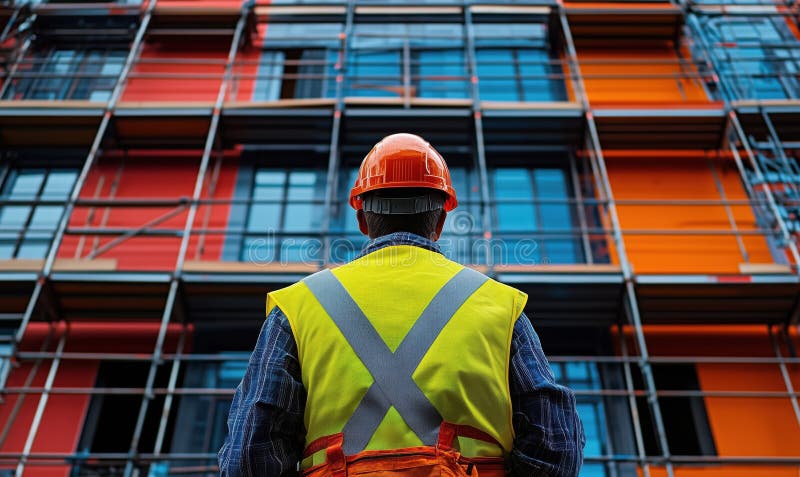 Construction Worker Observing Building Facade with Scaffolding and ...