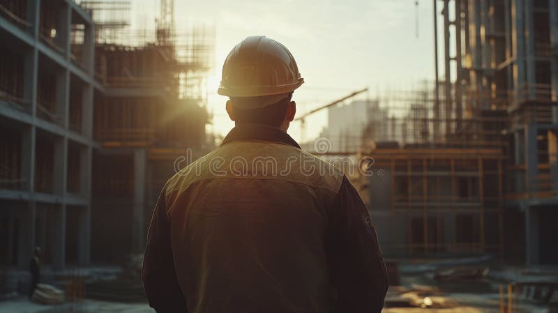 Construction Worker Observing Building Progress during Sunset at a ...