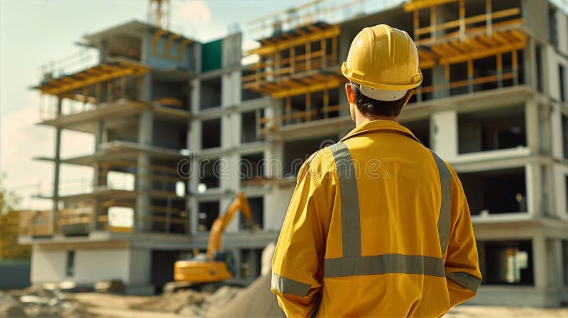 Construction Worker Observing Building Site Progress in Safety Gear ...