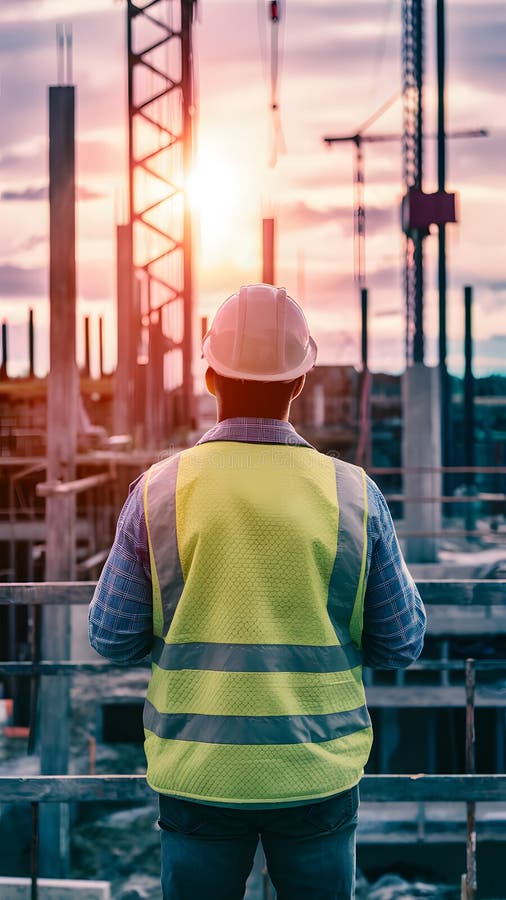 Construction Worker Observing Bustling Construction Site, Symbolizing ...