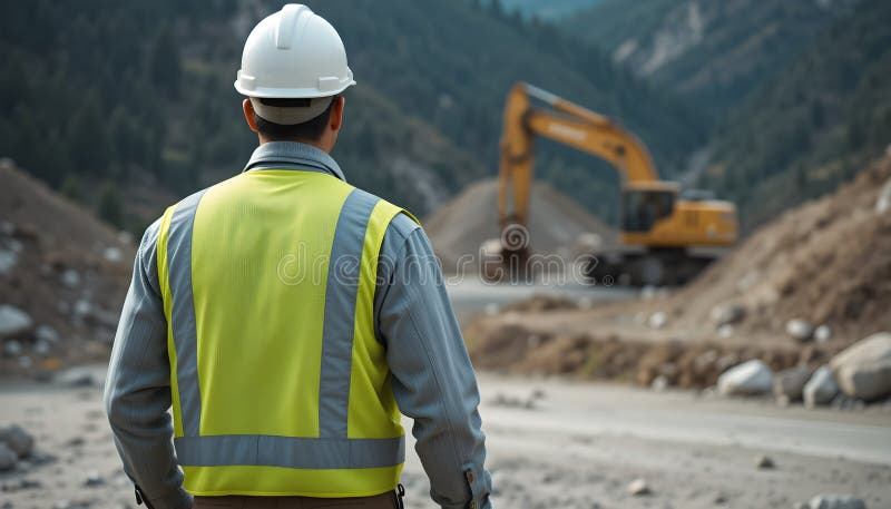 Construction Worker Observing Excavation Site with Heavy Machinery ...