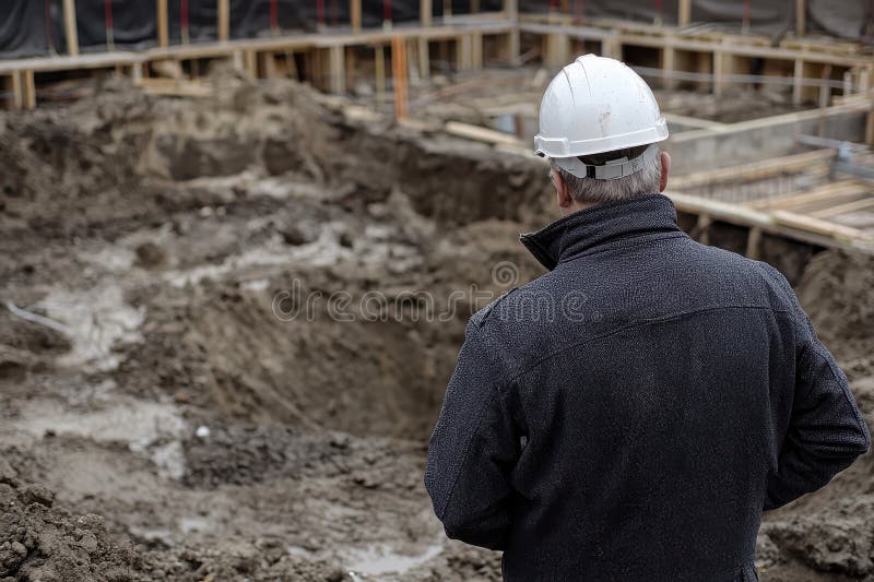 Construction Worker Observing Excavation Site with Safety Helmets at ...