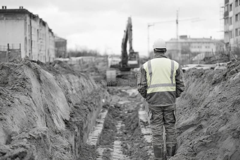 Construction Worker Observing Excavation Site Thoughtful Reflection ...