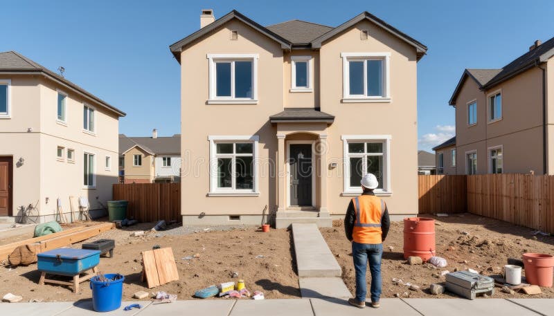 Construction Worker Observing New Townhouse Development, Building ...