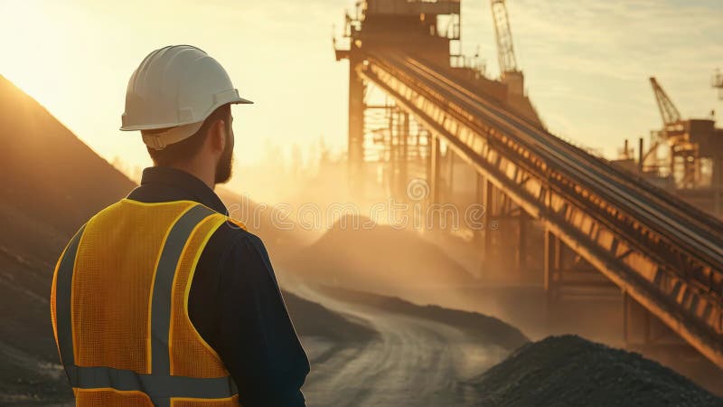 Construction Worker Observing Operations at Mining Site at Sunset Stock ...