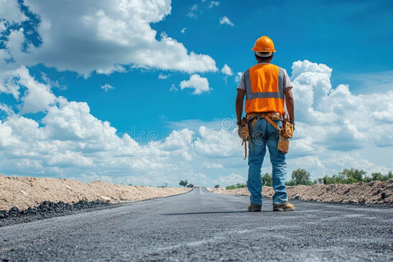 Construction Worker Observing Road Project Under Blue Sky Stock Image ...