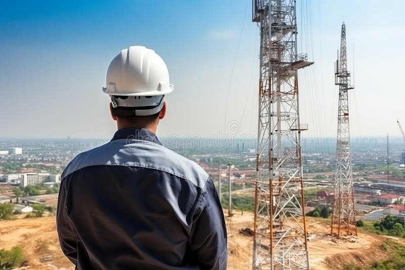 Construction Worker Observing Telecommunications Tower Development Near ...