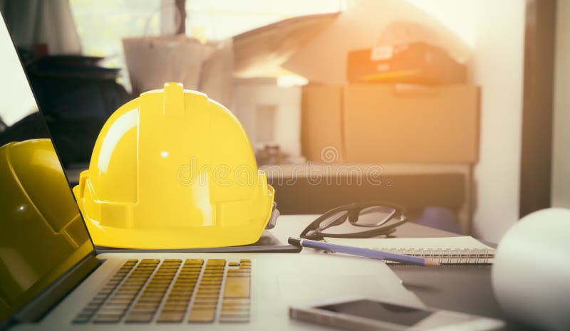 Construction Worker Office Desk with Laptop. Stock Image - Image of ...